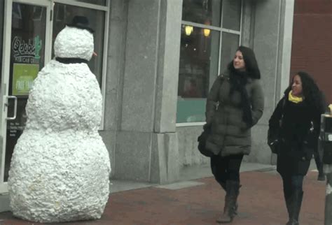 Freaky The Scary Snowman Frightens Unsuspecting People As They Walk Past Him In Boston