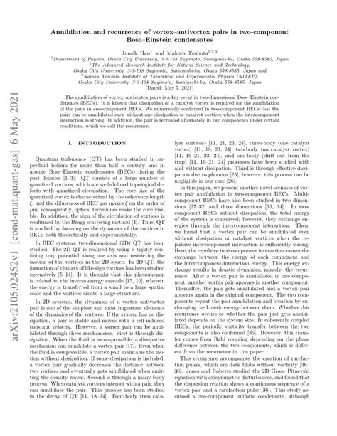 Pdf Annihilation And Recurrence Of Vortex Antivortex Pairs In Two Component Bose Einstein
