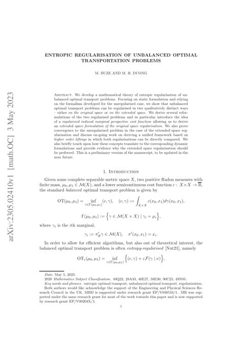 Pdf Entropic Regularisation Of Unbalanced Optimal Transportation Problems