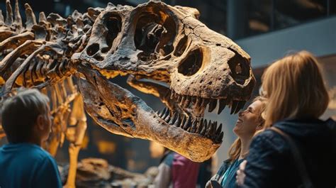 Museumgoers Marveling At A Giant Fossilized Skeleton On Display