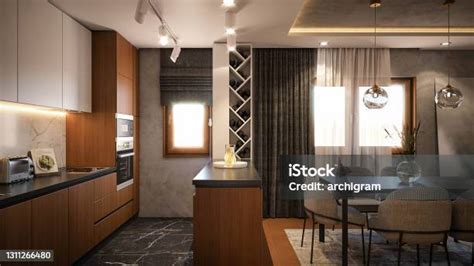 인테리어 디자인 건축학 컴퓨터 생성 된 식당의 이미지 아키텍처 시각화 3d 렌더링 부엌에 대한 스톡 사진 및 기타 이미지 부엌 0명 3차원 형태 Istock