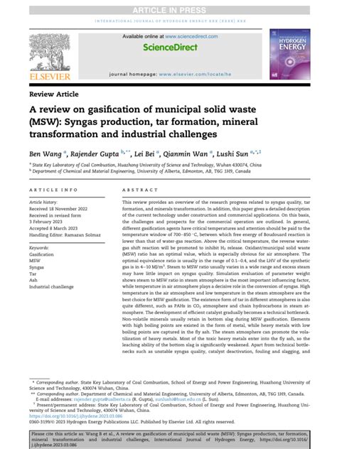 Wang 2023 Review Of Gasification Of Msw Syngas Production Tar