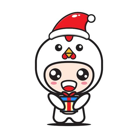 Gallo De Dibujos Animados Lindo Con Regalo De Navidad Vector Premium
