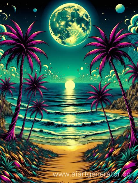 Psychedelic Beach Party Under The Full Moon Ai Art Generator