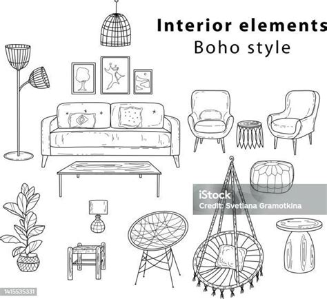 거실 가구의 낙서 스케치 다양한 크기와 유형으로 손으로 그린 현대적이고 빈티지 스칸디나비아 가구 인테리어 요소 보호 스타일 벡터