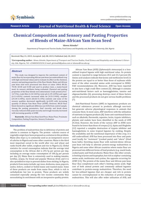 Pdf Chemical Composition And Sensory And Pasting Properties Of Blends Of Maize African Yam