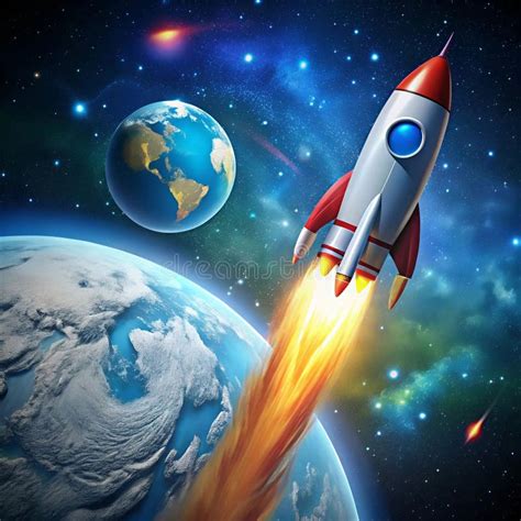A Dynamic Scene Of A Rocket Launching Into Space With Earth In The Background Stock Illustration