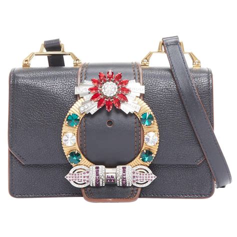 Miu Miu Lady Black Leather Colorful Rhinestone Buckle Flap Crossbody