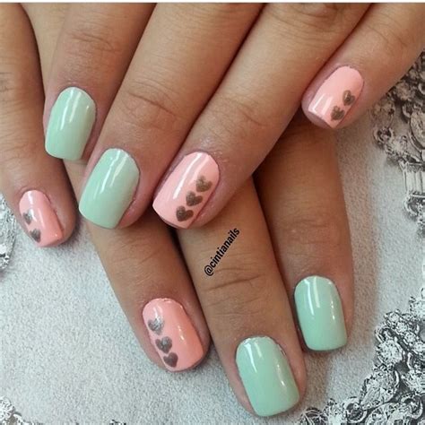 Mint Green With Pink And Hearts Mint Nails Nails Gel Nails