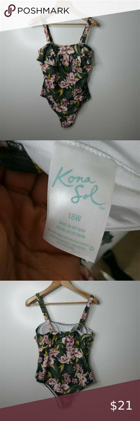 Kona Sol One Piece Swimsuit Womens Plus Size 16w Floral Ruffle