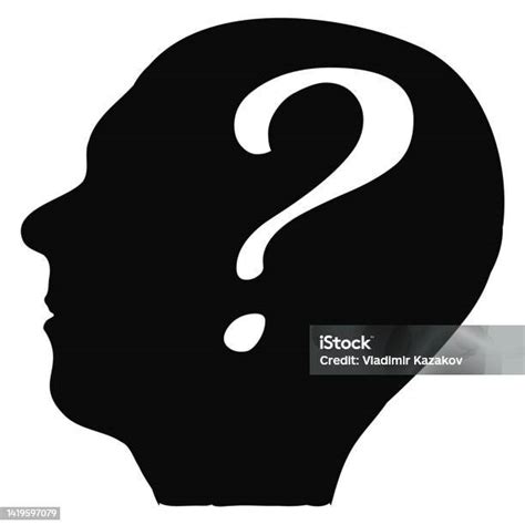 흰색 배경에 고립 된 뇌의 물음표가있는 프로필의 인간 머리의 실루엣 디자인 요소 개념에 대한 스톡 벡터 아트 및 기타 이미지
