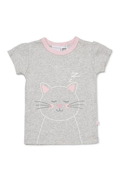 Girls Sizes 1 7 Grey Cat Cotton Short Sleeve Pjs Pyjamas Marquise