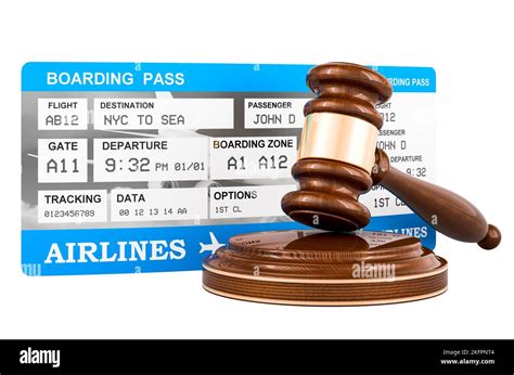 Airline Boarding Pass Ticket With Wooden Gavel 3d Rendering Isolated