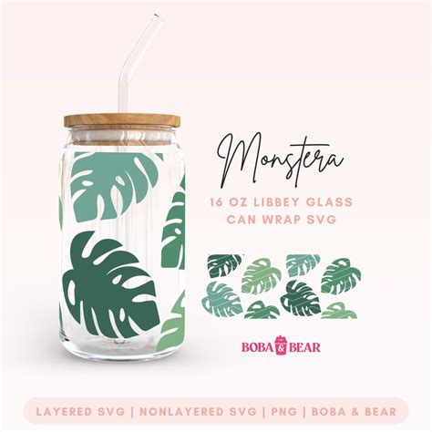 Monstera Leaf Libbey Glass Svg Boho Glass Can Svg Tropical Leaves Svg