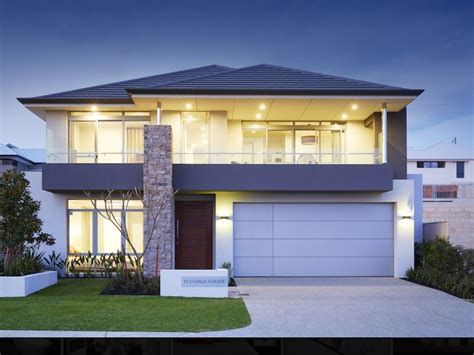 Two Storey Facade Dark Grey Roof Stone Feature Balcony Over Garage