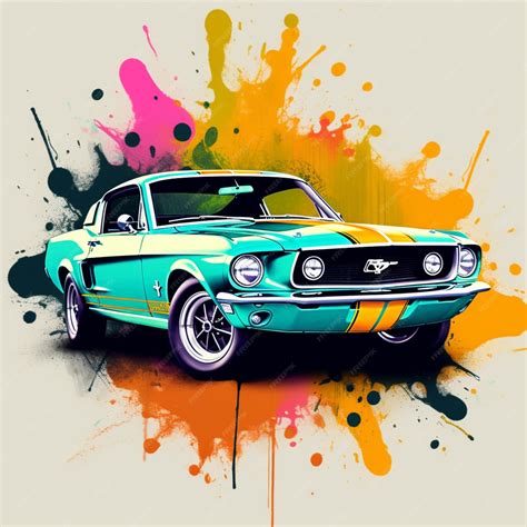 Premium Photo A Brightly Colored Mustang Car With A Splash Of Paint On The Side Generative Ai