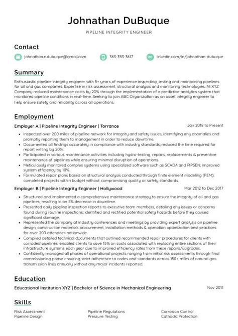 Pipeline Integrity Engineer Resume Cv Example And Writing Guide