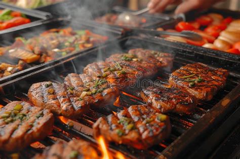Sizzling Grill Beef And Chicken Steaks Engulfed In Fiery Flames Stock
