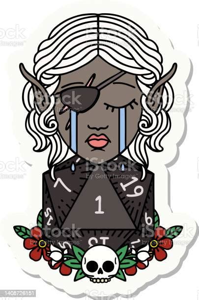 울고 엘프 불량 캐릭터 얼굴 자연 하나의 D20 롤 스티커와 함께 굴리기에 대한 스톡 벡터 아트 및 기타 이미지 굴리기