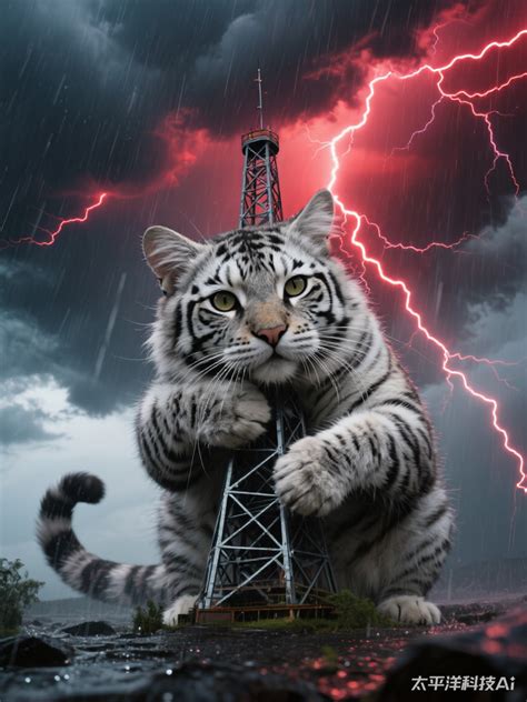 闪电猫侠高举尖塔！暴雨中威风凛凛的挪威森林巨猫 Ai绘画图片作品 太平洋科技ai频道