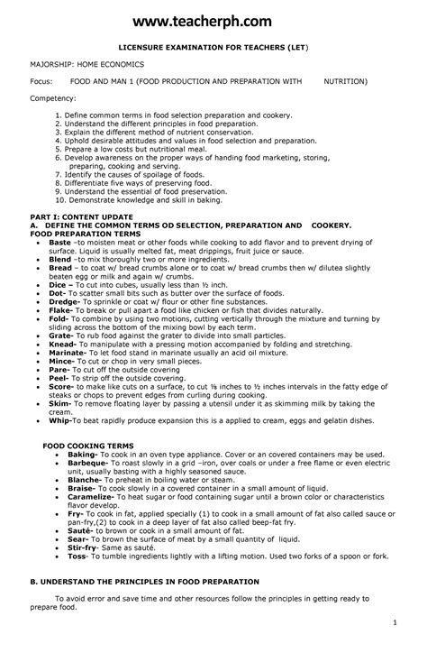 TLE Foods Review Notes LICENSURE EXAMINATION FOR TEACHERS LET MAJORSHIP HOME ECONOMICS