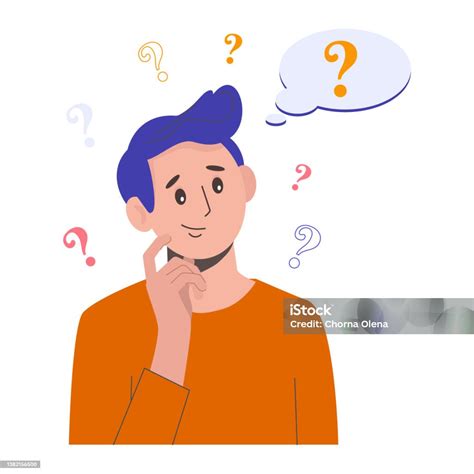 젊은 남자의 초상화 생각 거품에 물음표를 가진 소년 사람들은 문제를 생각하거나 해결합니다 딜레마 벡터 평면 만화 개념 일러스트레이션 어깨를 으쓱거림에 대한 스톡 벡터 아트
