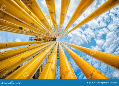 Yellow Industrial Pipeline System Under Blue Sky With Clouds Concept Engineering Perspective