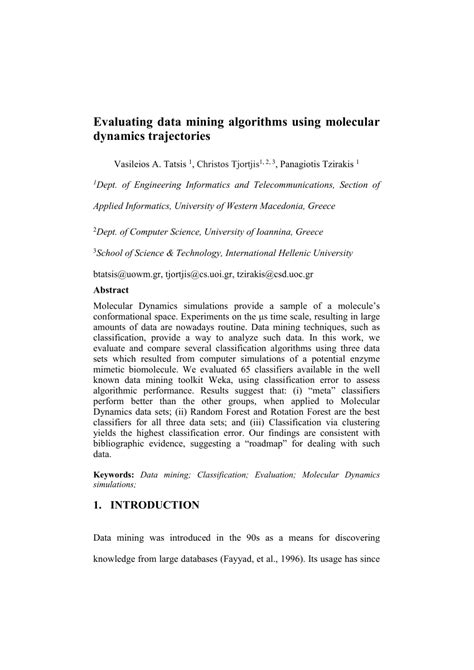 Pdf Evaluating Data Mining Algorithms Using Molecular Dynamics Trajectories