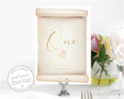 Fairy Tale Scroll Themed Printable Table Numbers Names Chapters 5x7