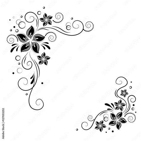 Floral Corner Design Ornament Black Flowers On White Background