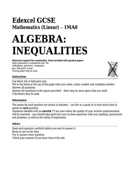 Edexcel Gcse Mathematics Linear Algebra Inequalities Printable Pdf