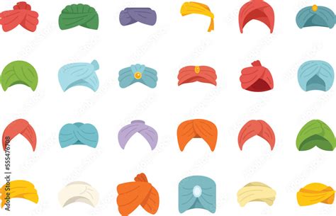 Arabic Turban Icons Set Flat Vector Arab Hat Asian Farm Isolated