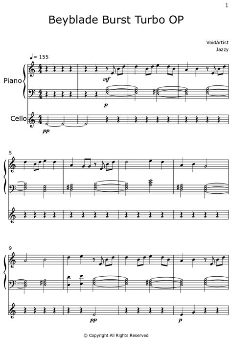 Beyblade Burst Turbo OP Sheet Music For Piano Cello