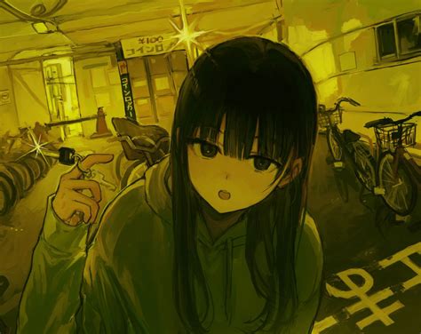 Safebooru 1girl O Bicycle Black Eyes Black Hair Blunt Bangs Funabashi Iwzry Hand Up Holding