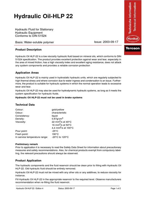 Teroson Hydraulic Oil Hlp 22 Pdf Building Engineering Gases