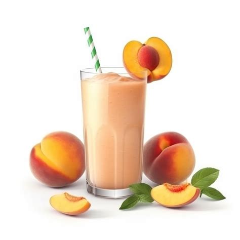 A Peach Smoothie With A Green And White Striped Straw Next To A Glass