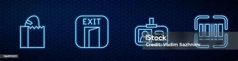 세트 라인 식별 배지 빵 덩어리가있는 종이 가방 화재 출구 및 스캐너 스캐닝 바코드 벽돌 벽에 빛나는 네온 아이콘 벡터 0명에