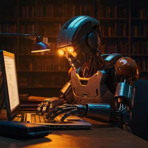 Cyborg Robot Is Typing On Laptop Keyboard Concept Of Future Of Artificial Intelligence Premium