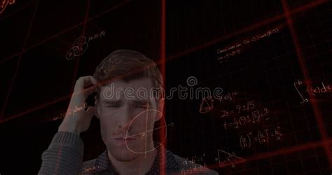 Confused Man Solving Complex Math Equations On Virtual Screen Deep In