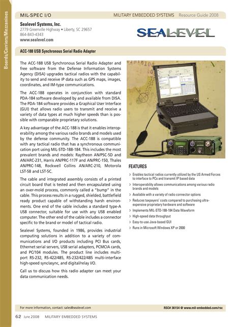 Sealevel Systems ACC 188 USB Synchronous Serial Radio Adapter