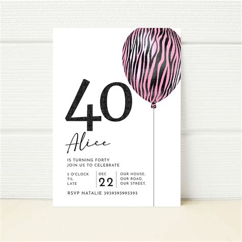 40th Birthday Invitation Editable Pink And Black Zebra Prints Forty