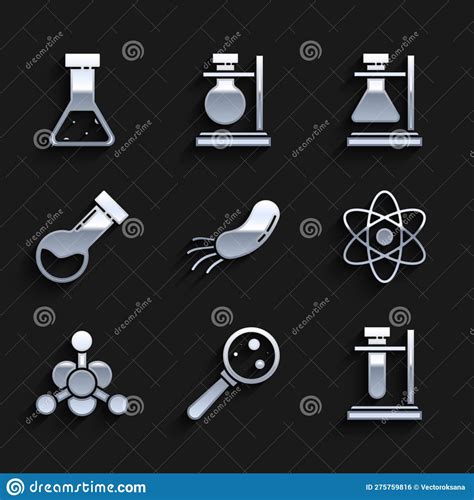 Set Bacteria Microorganisms Under Magnifier Test Tube Flask On Stand