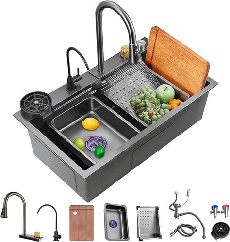 Évier Cuisine Nano Noir Évier À Cascade En Acier Inoxydable Évier Cuisine À Un Seul Bol Pour