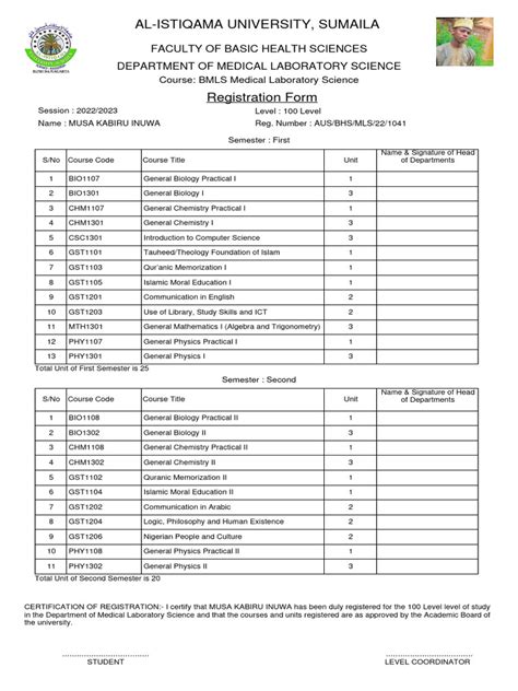 course form first semester 2022 2023 pdf science