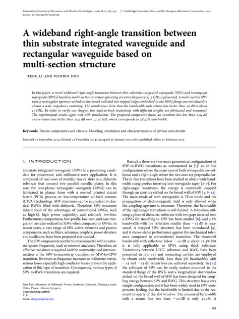 Pdf A Wideband Right Angle Transition Between Thin Substrate Integrated Waveguide And