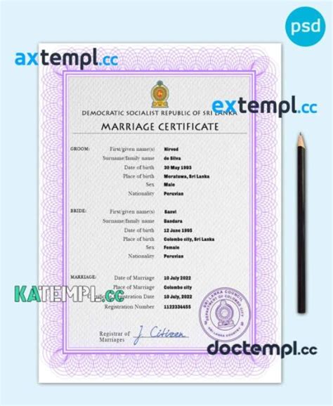 Sample Sri Lanka Marriage Certificate Psd Template Completely Editable