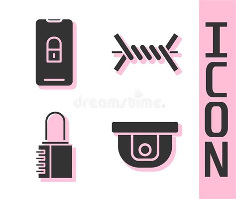 Set Motion Sensor Mobile With Closed Padlock Safe Combination Lock And Barbed Wire Icon