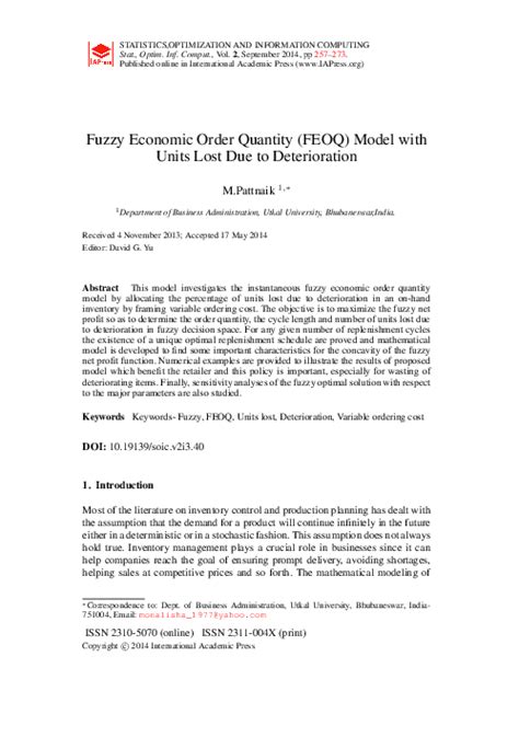 Pdf Fuzzy Economic Order Quantity Feoq Model With Units Lost Due To Deterioration