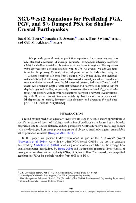 Pdf Nga West2 Equations For Predicting Pga Pgv And 5 Damped Psa For Shallow Crustal Earthquakes