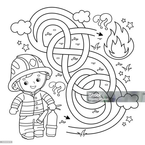 미로 또는 미로 게임 수수께끼 얽힌 도로 색칠 공부 페이지 개요 만화 소방관이나 소방관과 소화기 소방 아이들을위한 색칠 공부 책 교육에 대한 스톡 벡터 아트 및 기타 이미지